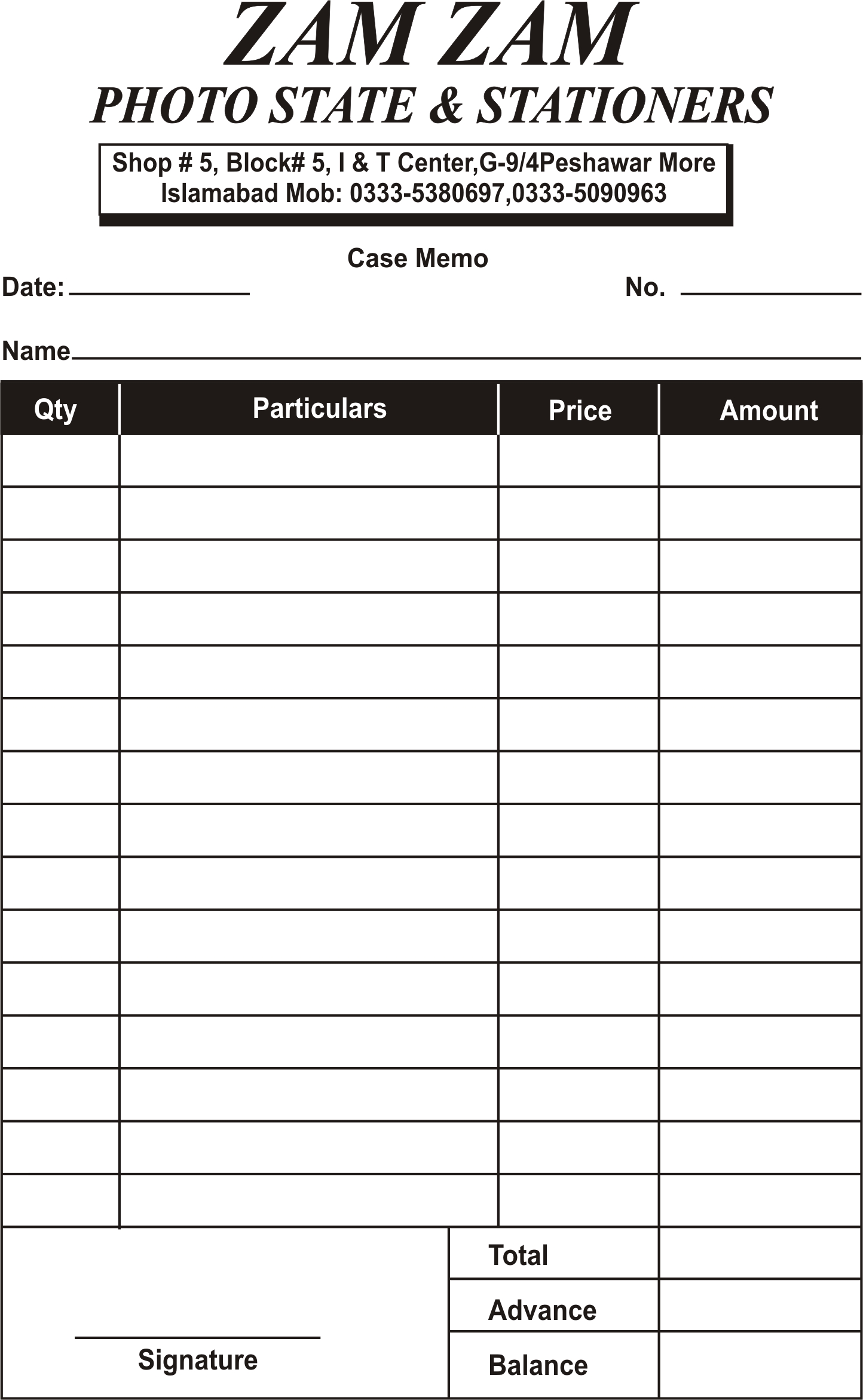 Cash memo wikipedia Islamabad Printers